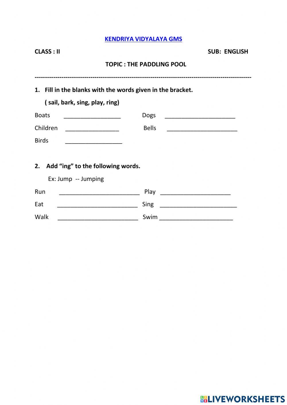 The Paddling Pool online exercise for | Live Worksheets