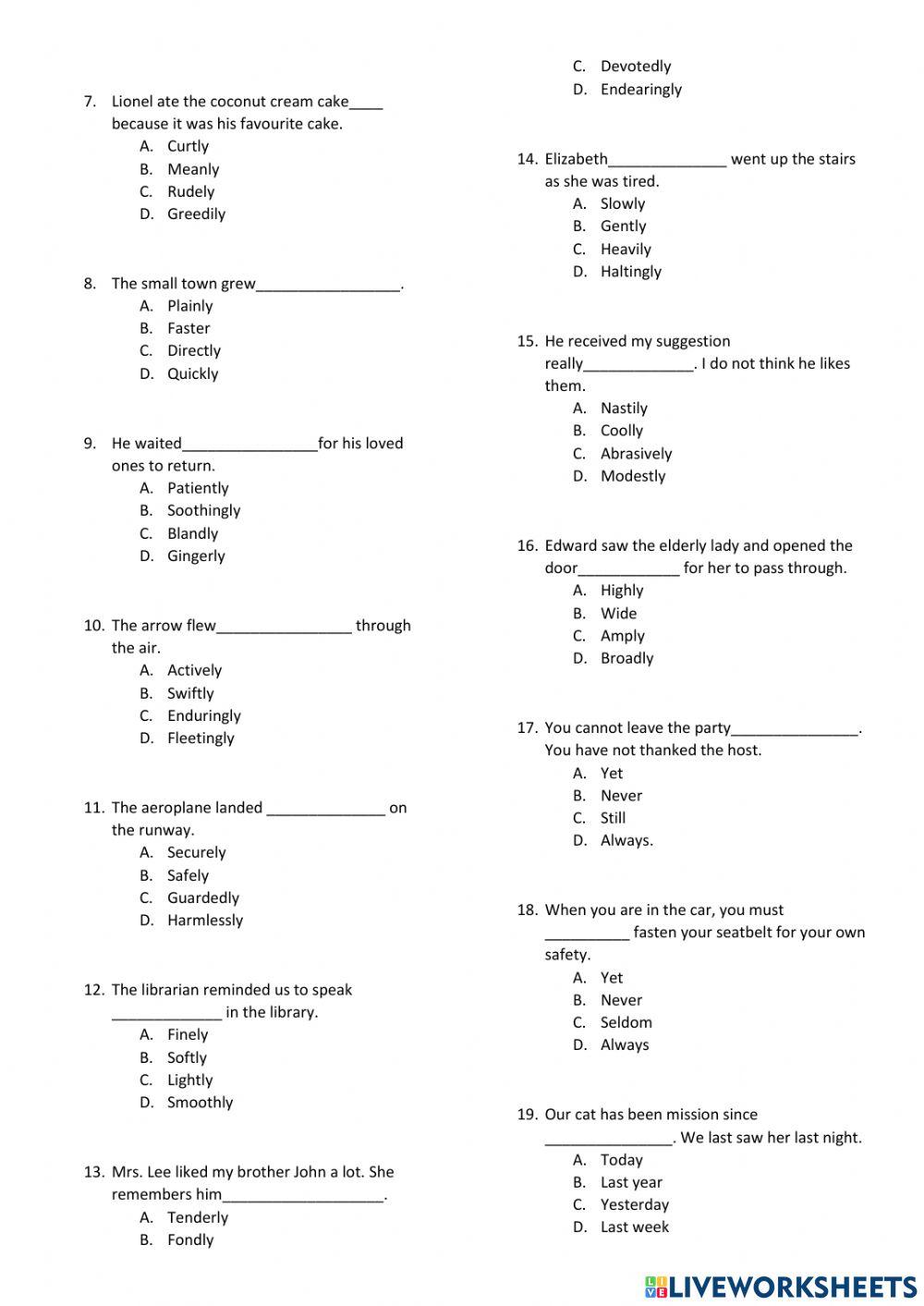 Adverb interactive worksheet for YEAR 7 | Live Worksheets