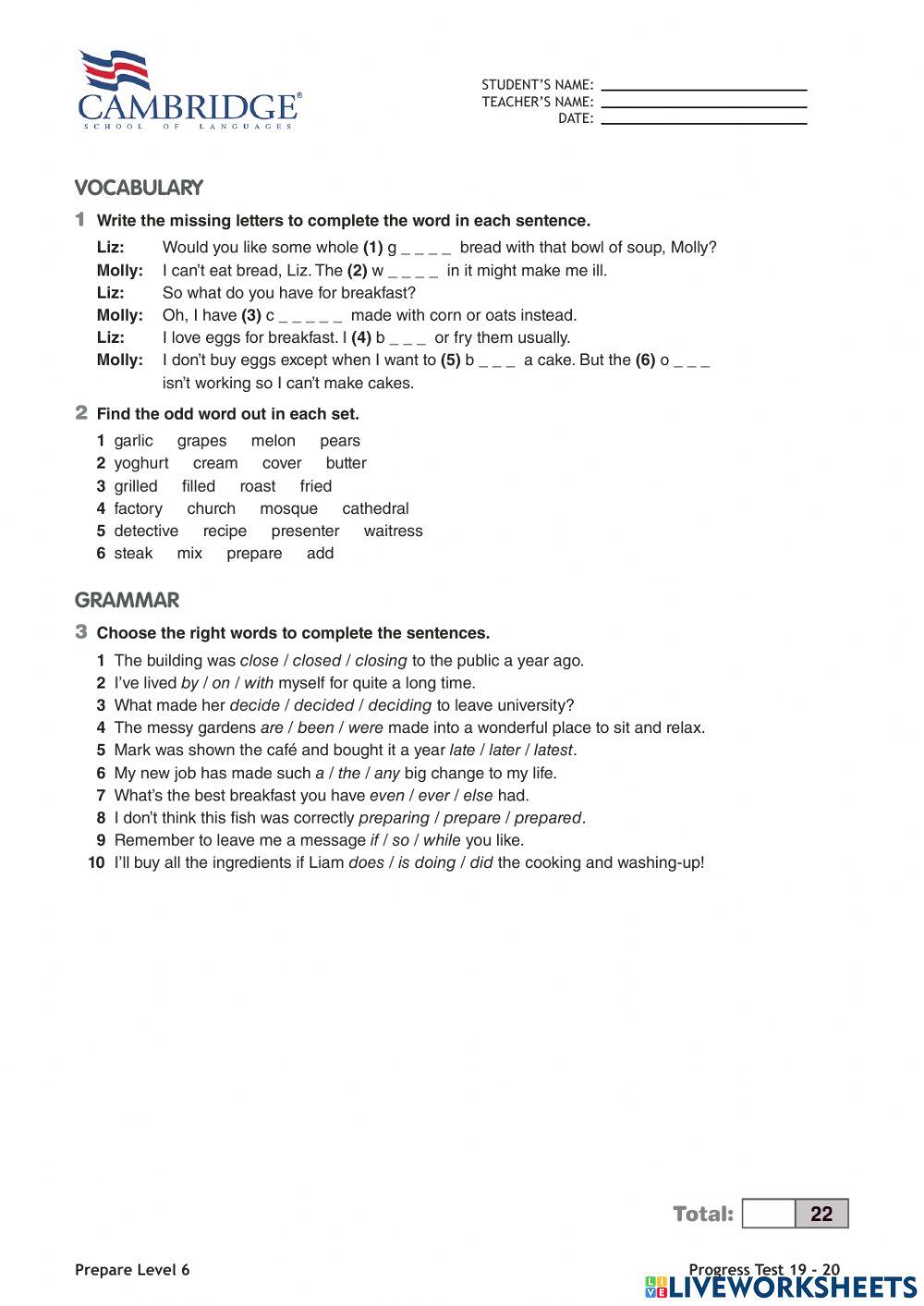 Progress Test 5… | Free Interactive Worksheets | 1226877