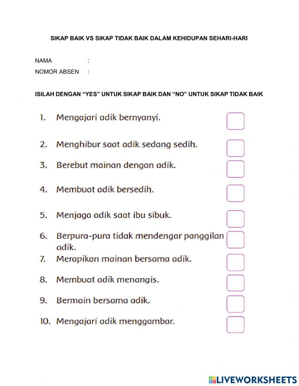 Sikap baik dan sikap tidak baik worksheet | Live Worksheets