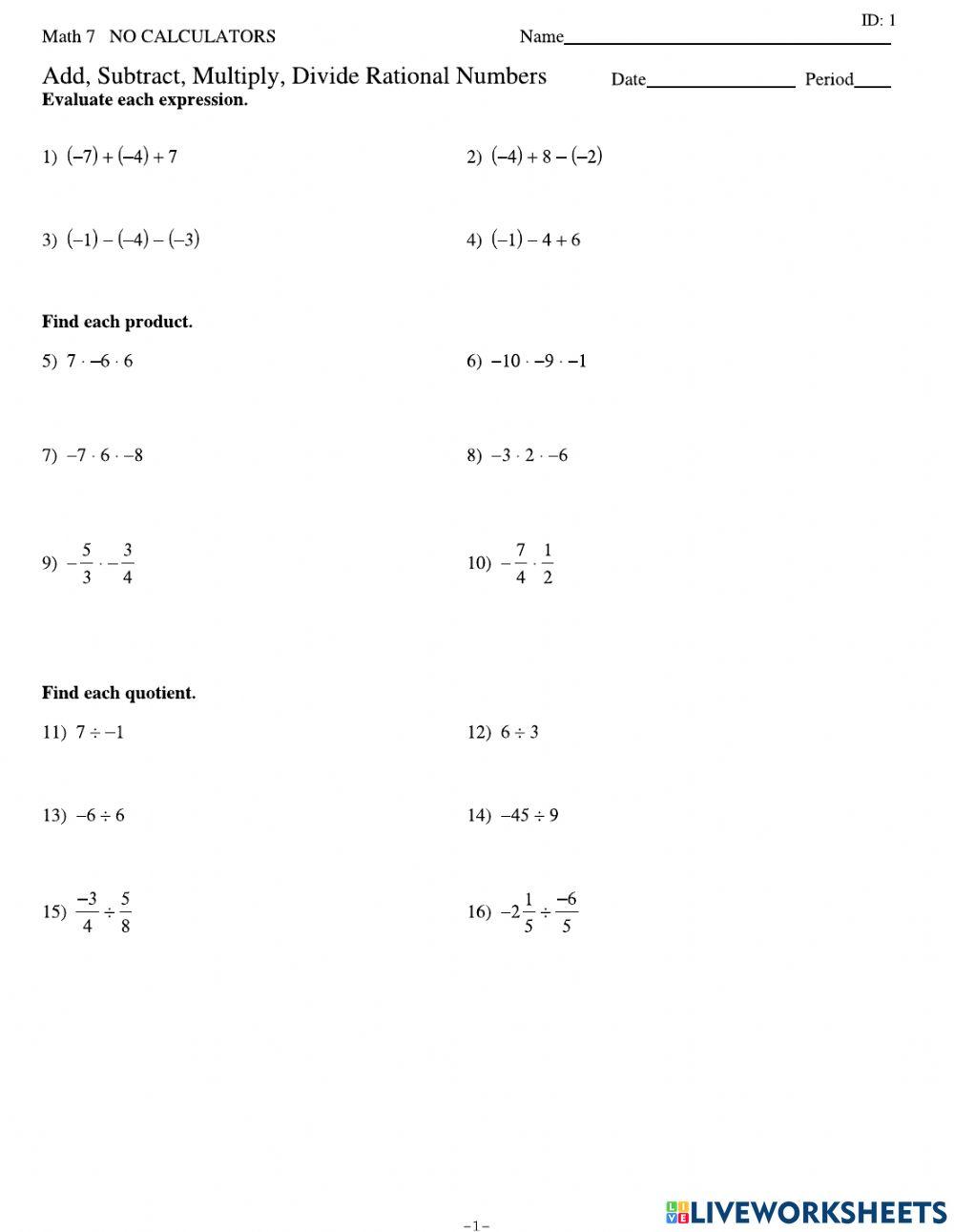 Operations With Rational Numbers Online Exercise For | Live Worksheets