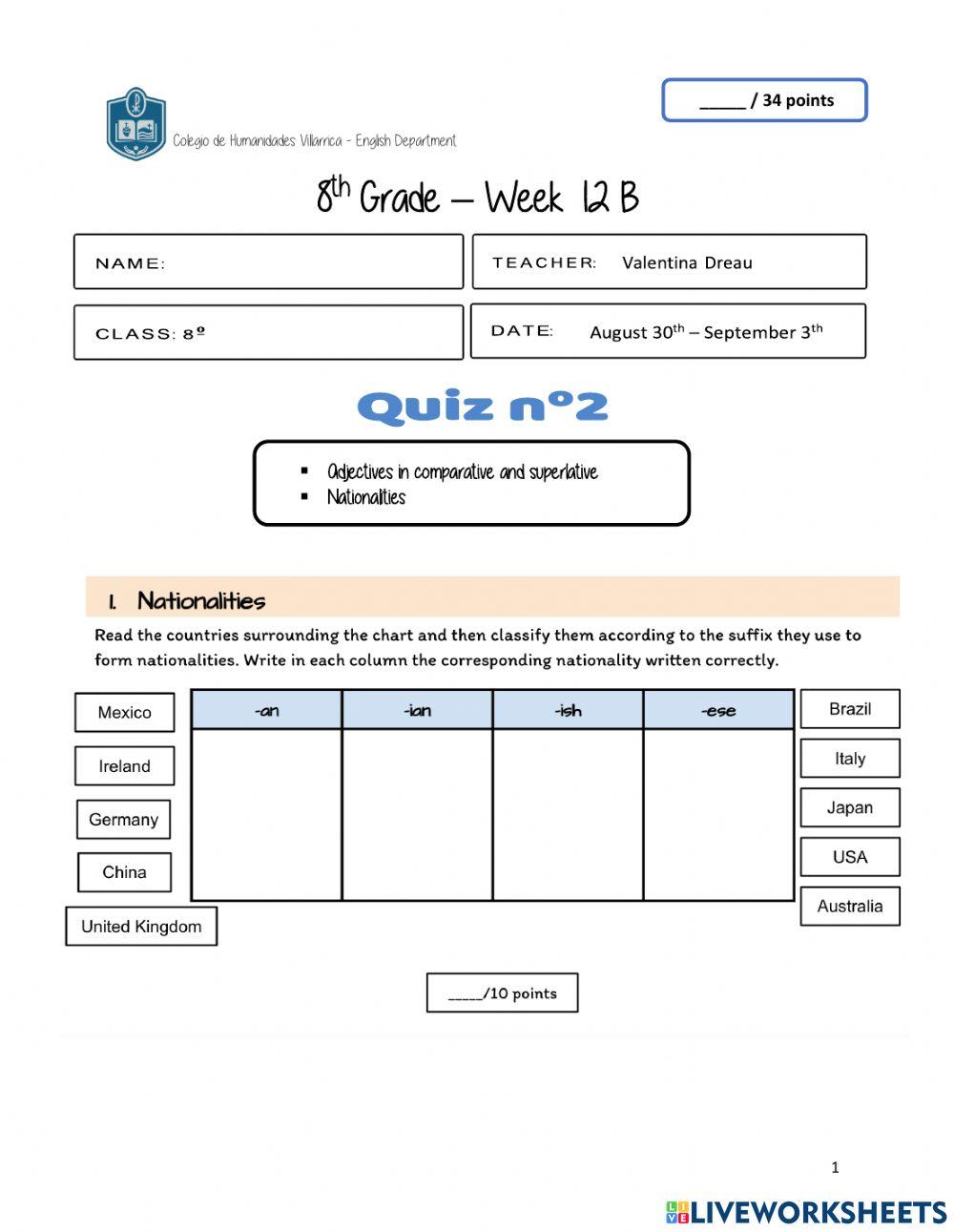 8º C - Quiz nº 2 worksheet | Live Worksheets