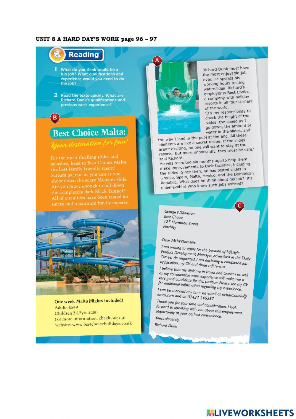 Unit 8 A Hard Day's Work worksheet | Live Worksheets