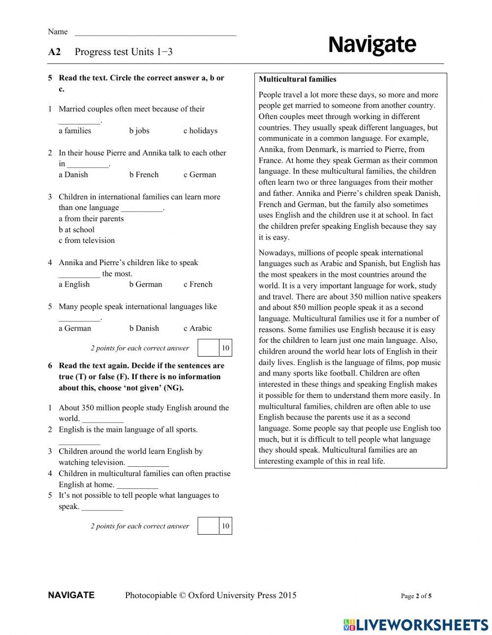 Navigate Progress test 1A (Units 1-3) online exercise for | Live Worksheets