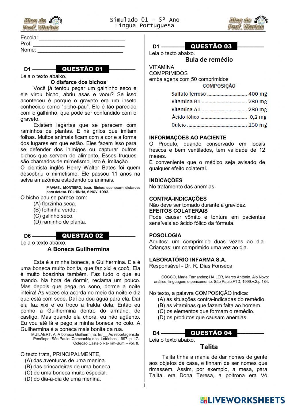 Português online exercise for fundamental I | Live Worksheets