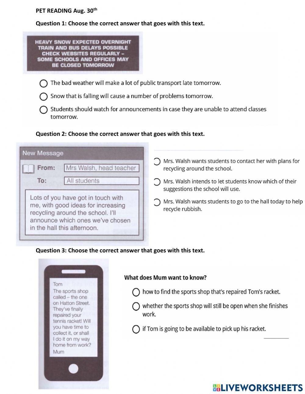 PET Reading No.6-Part 1 worksheet | Live Worksheets