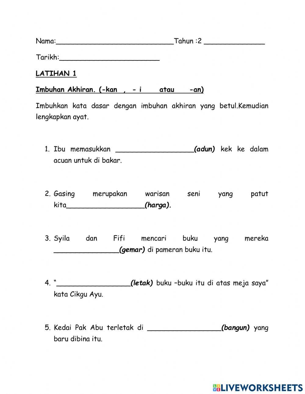 Pdf online exercise: Imbuhan akhiran | Live Worksheets