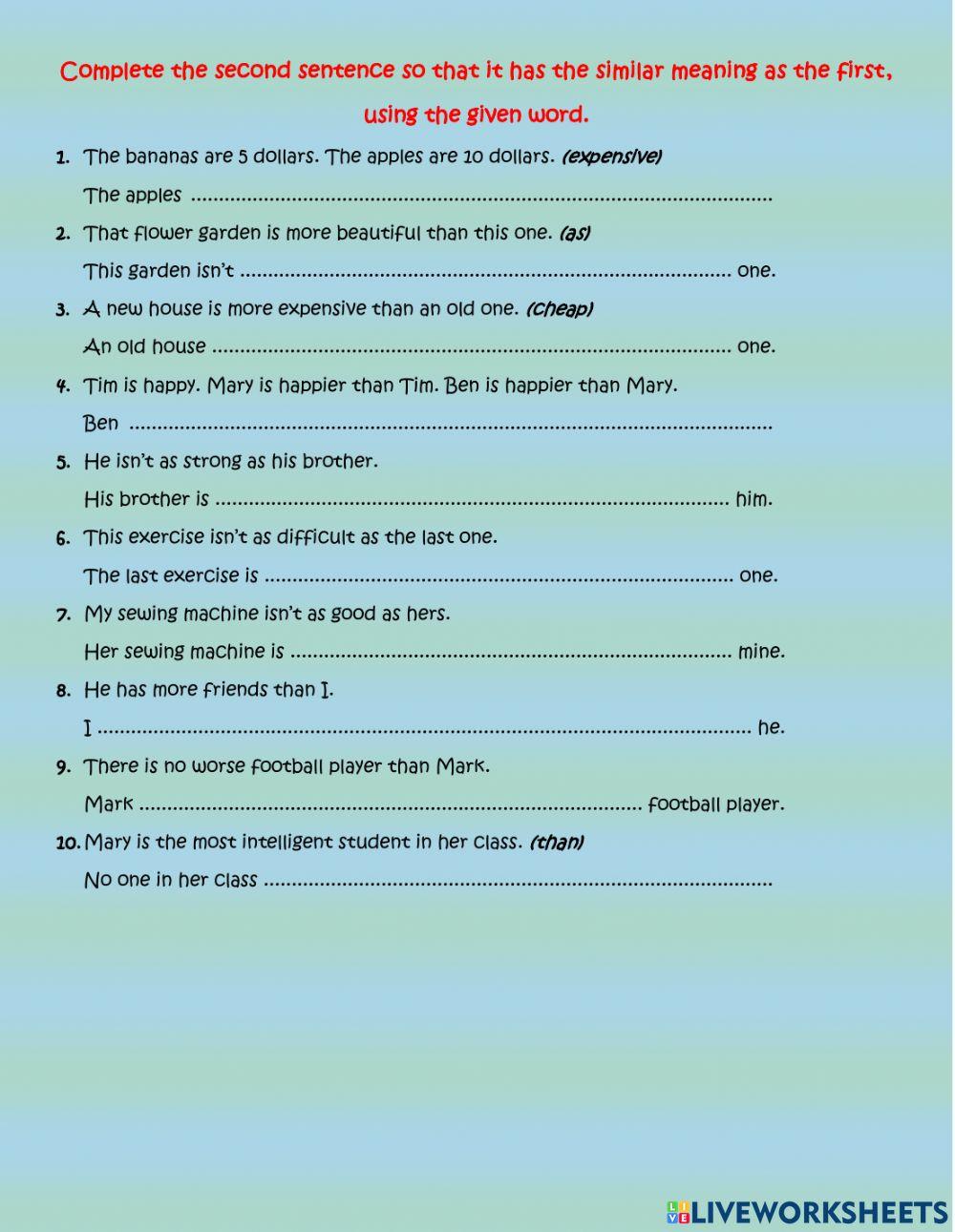 Comparative - Superlative - Sentence completion