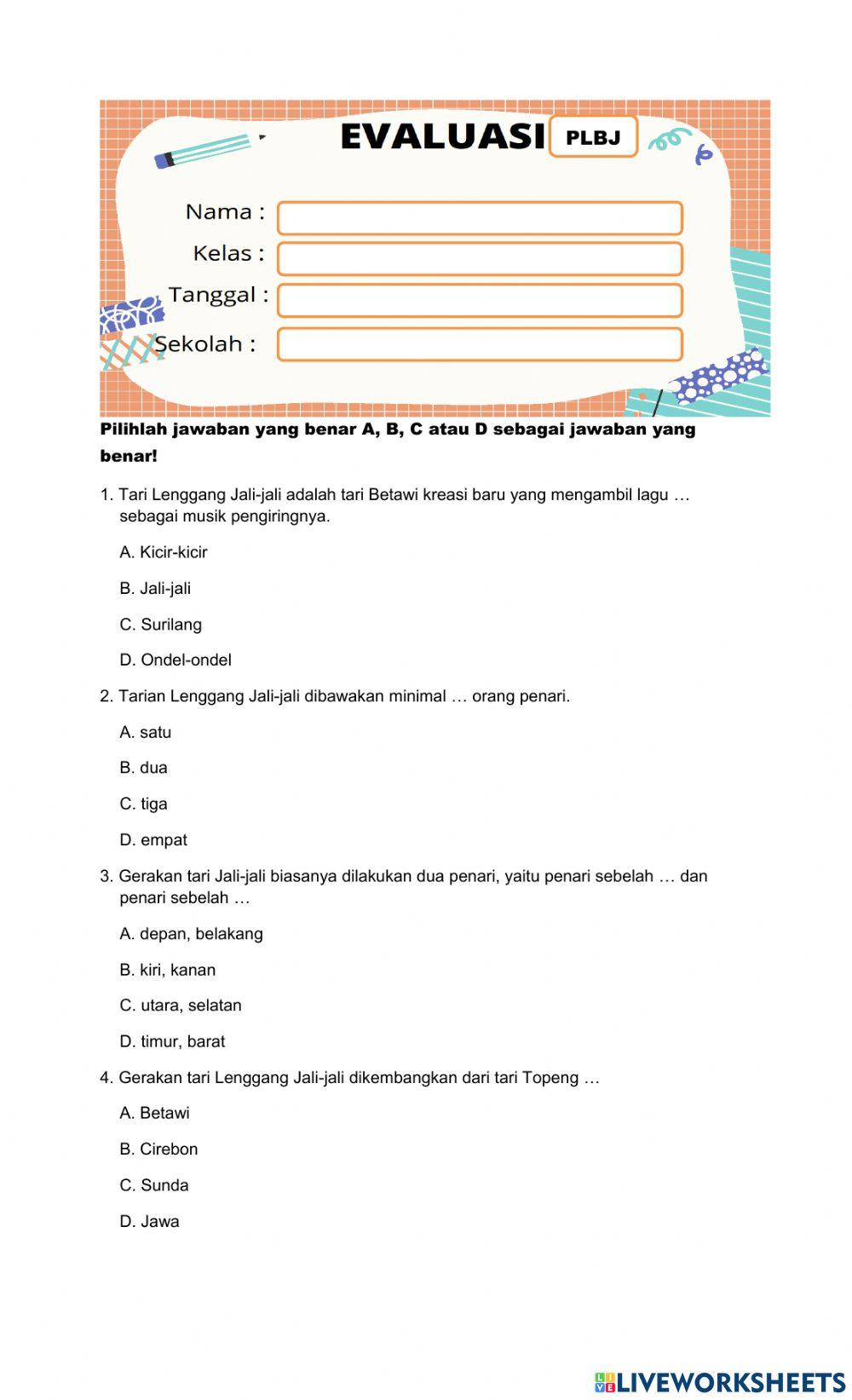 Evaluasi plbj worksheet | Live Worksheets