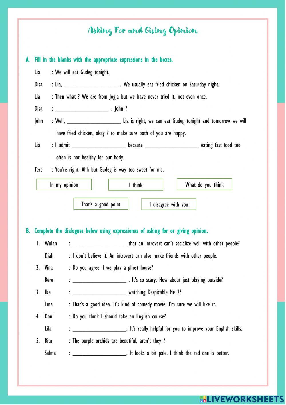 Asking for and Giving Opinion online exercise for | Live Worksheets