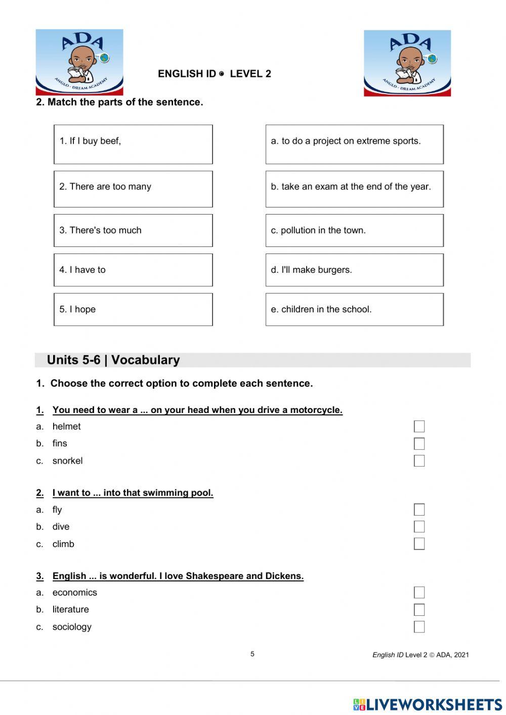 English ID 2 Units 5-6 Quiz online exercise for | Live Worksheets