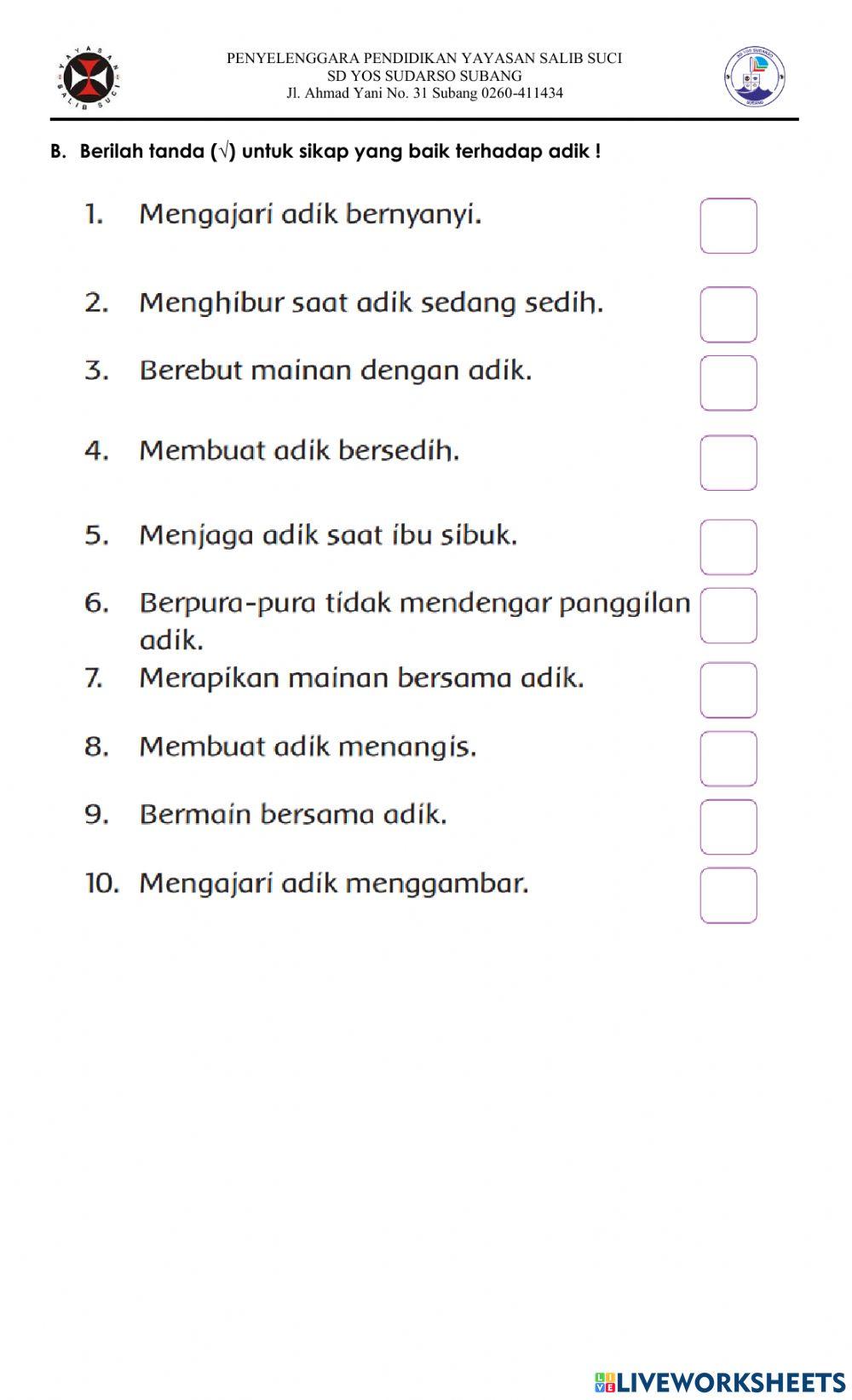 PPKn Tema 2 Subtema 2-Rukun Dengan Adik dan Aturan Makan worksheet ...