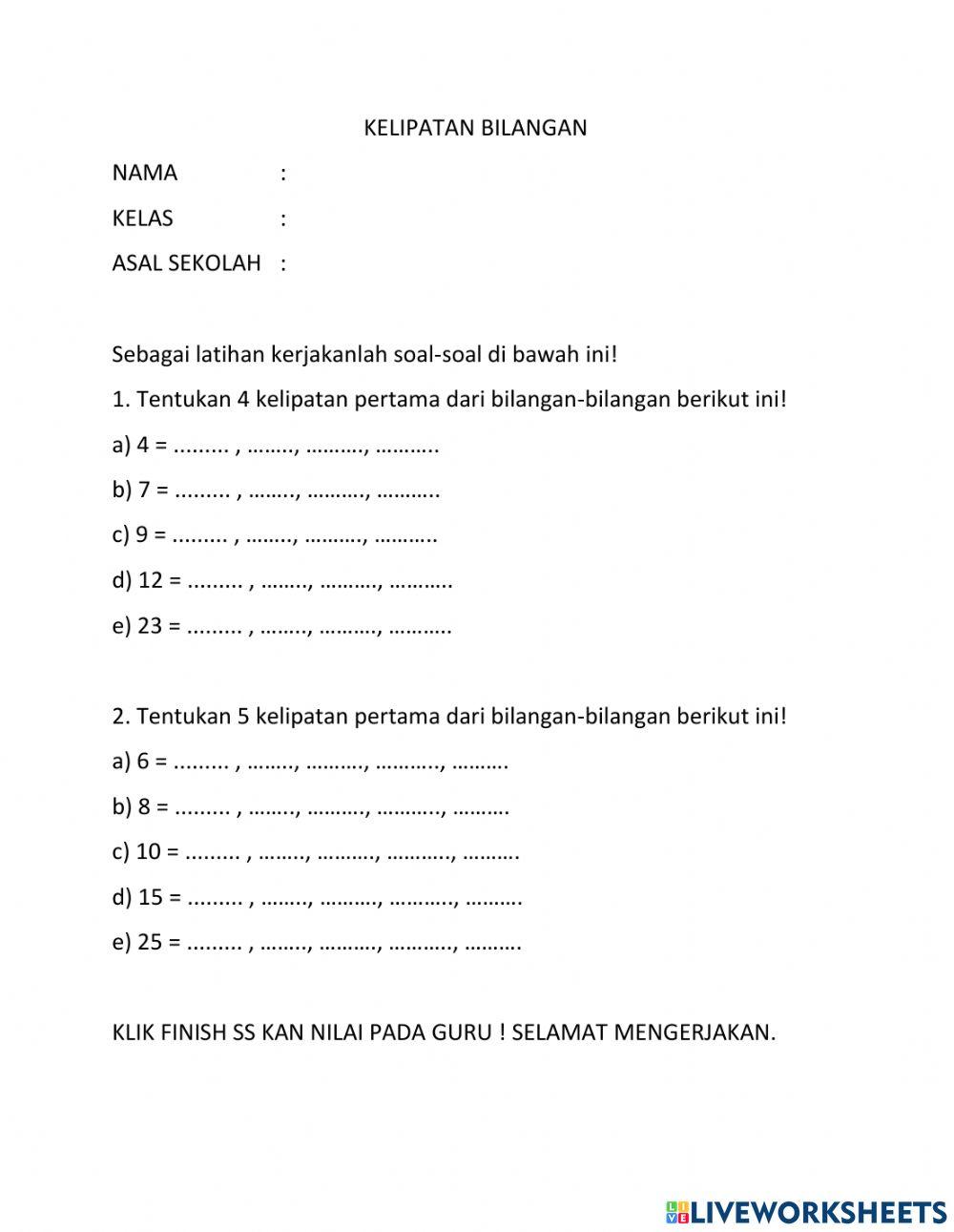 Latihan soal kelipatan bilangan 1330270 | laraswalikelas