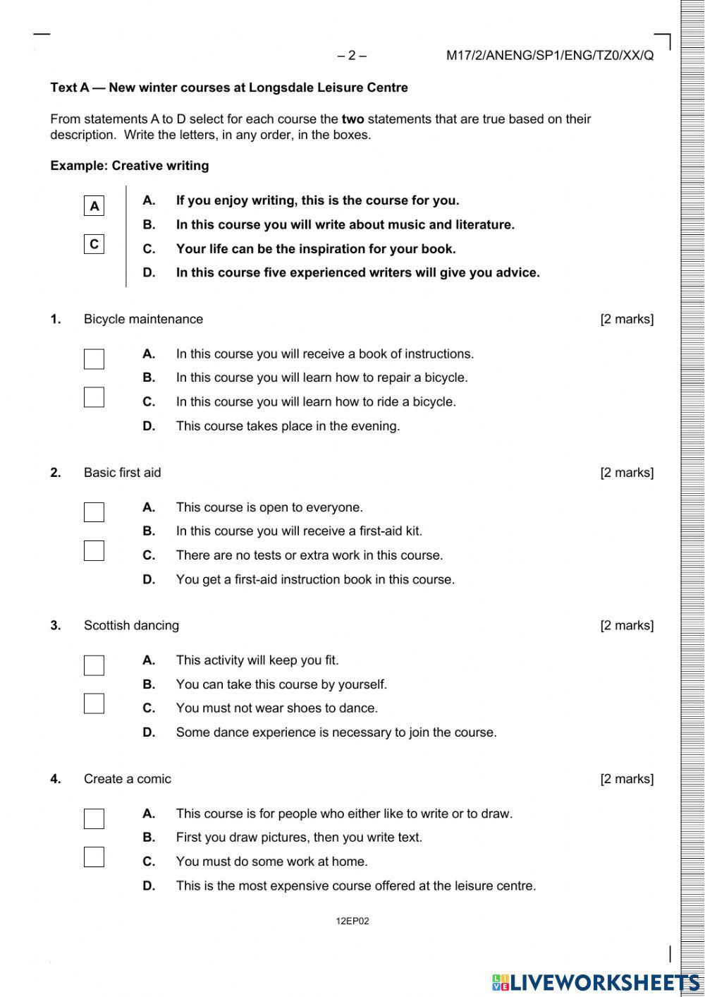 Second year of IB Diagnostic Test Reading Texts A and B