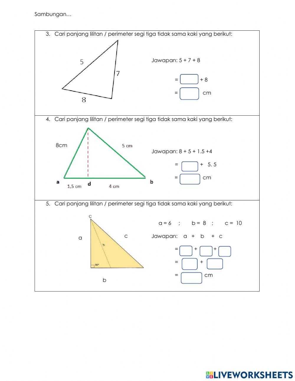 Perimeter Segi Tiga Tidak Sama Kaki worksheet | Live Worksheets