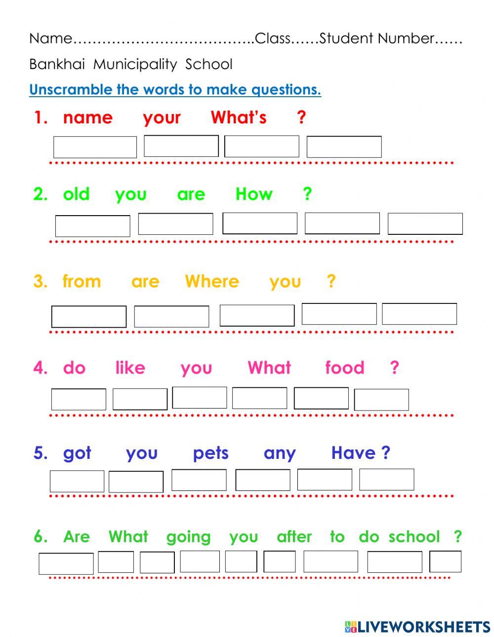 worksheet : Unscramble the words to make questions. P 4 online exercise ...