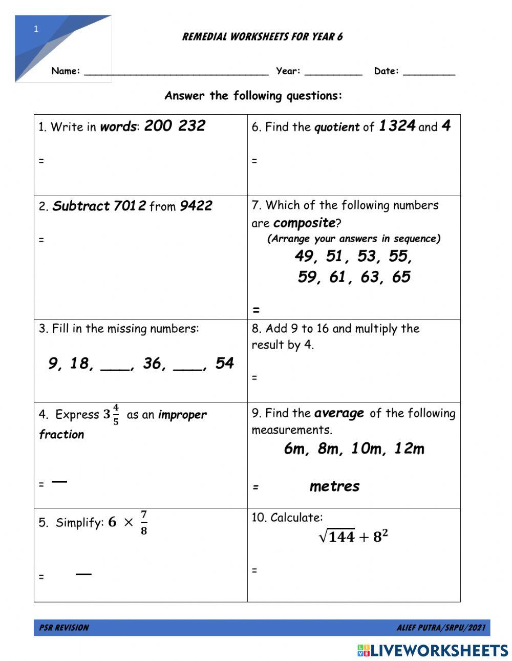 Psr revision 18 worksheet | Live Worksheets
