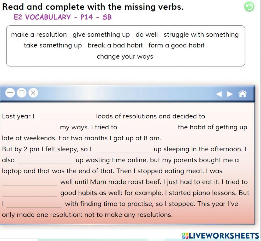 E2 vocabulary - p14 - sb worksheet | Live Worksheets