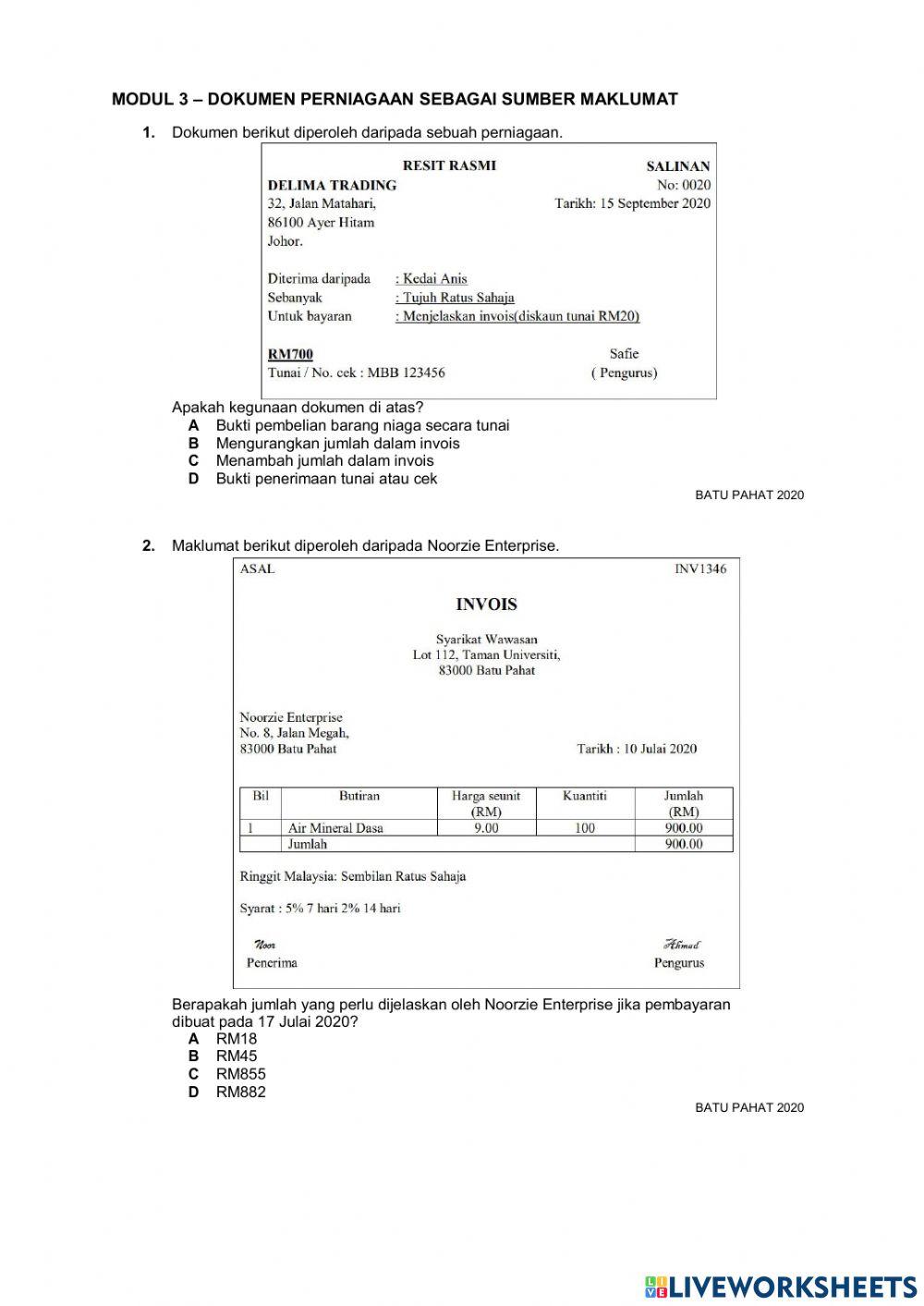 PRINSIP PERAKAUNAN TINGKATAN 4 MODUL 3 online exercise for | Live Worksheets