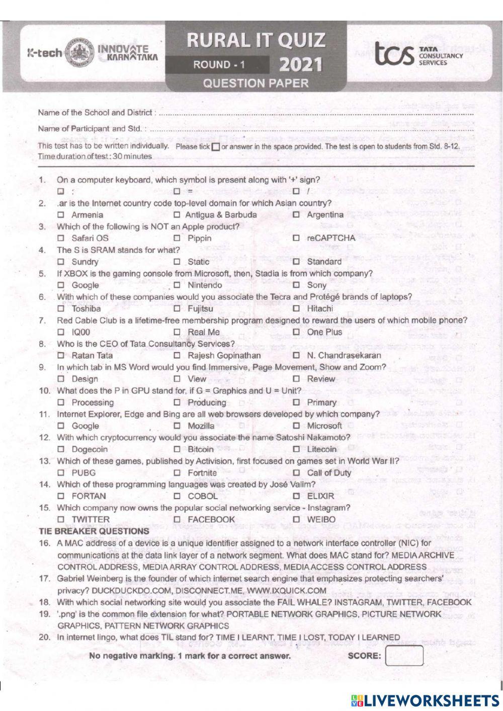 IT Quiz 2021-22 worksheet | Live Worksheets