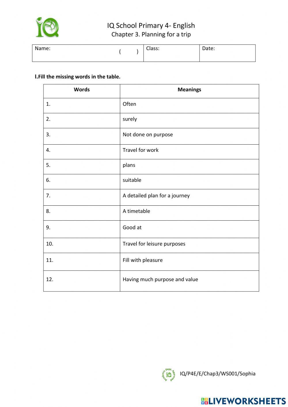 Chapter 3. Planning for a trip worksheet | Live Worksheets