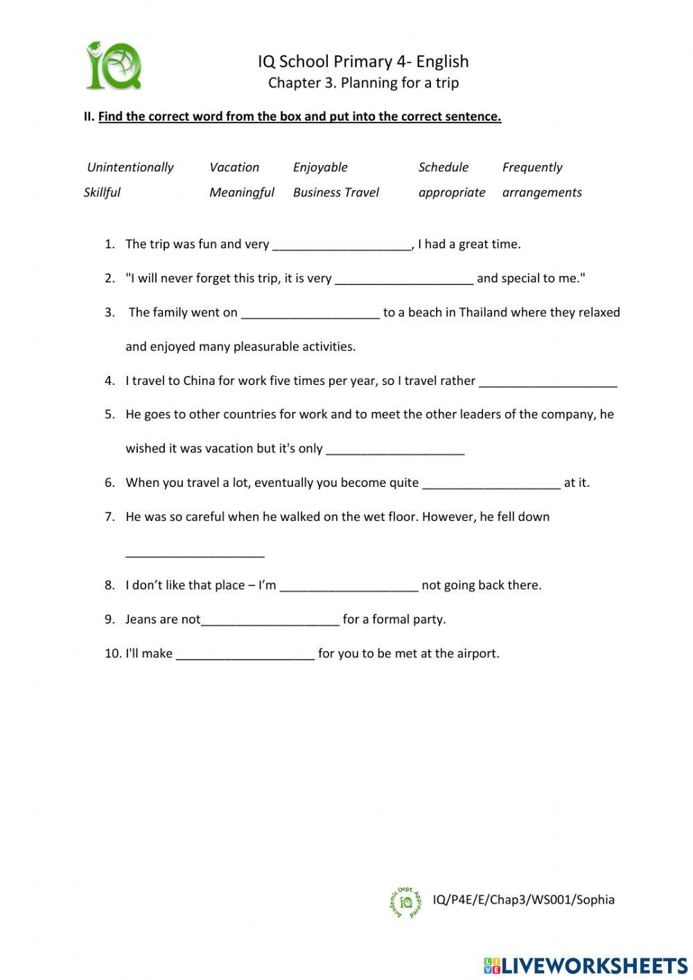 Chapter 3. Planning for a trip worksheet | Live Worksheets