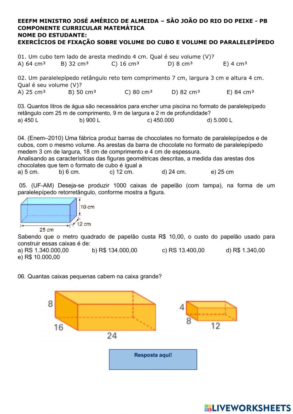 Volume do cubo … | Free Interactive Worksheets | 1332712