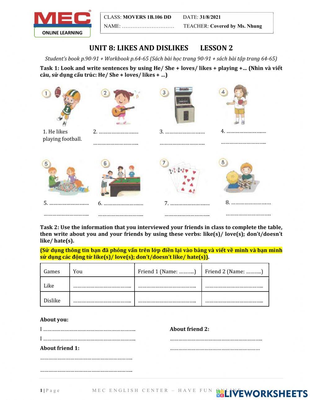 Movers 1B.106 DD-Unit 8.Lesson 2 worksheet | Live Worksheets
