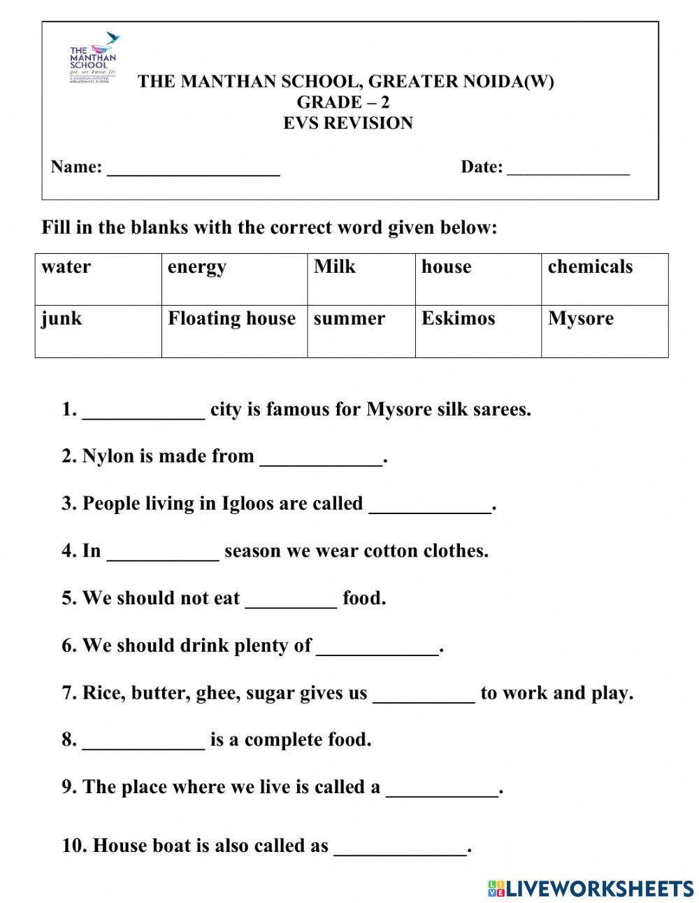 Evs revision worksheet | Live Worksheets