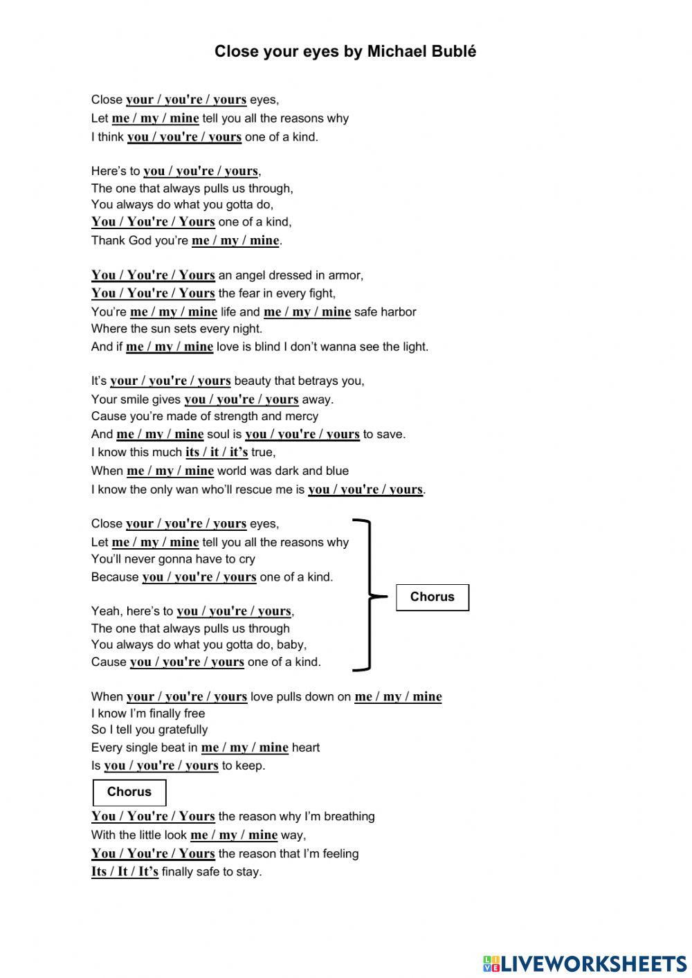 Song Close your eyes Pronouns online exercise for | Live Worksheets