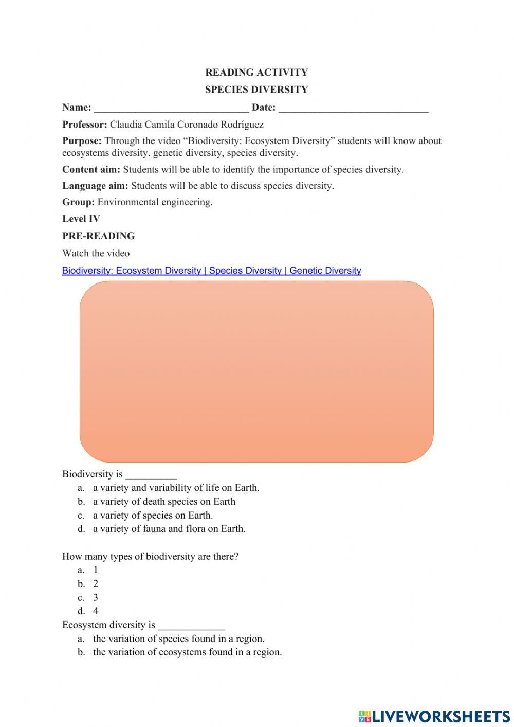 Species Diversi… | Free Interactive Worksheets | 1334626