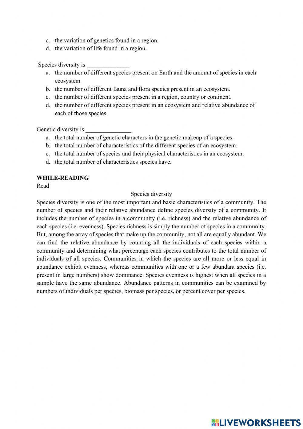 Species Diversi… | Free Interactive Worksheets | 1334626