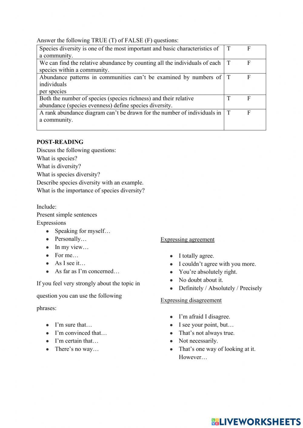 Species Diversi… | Free Interactive Worksheets | 1334626