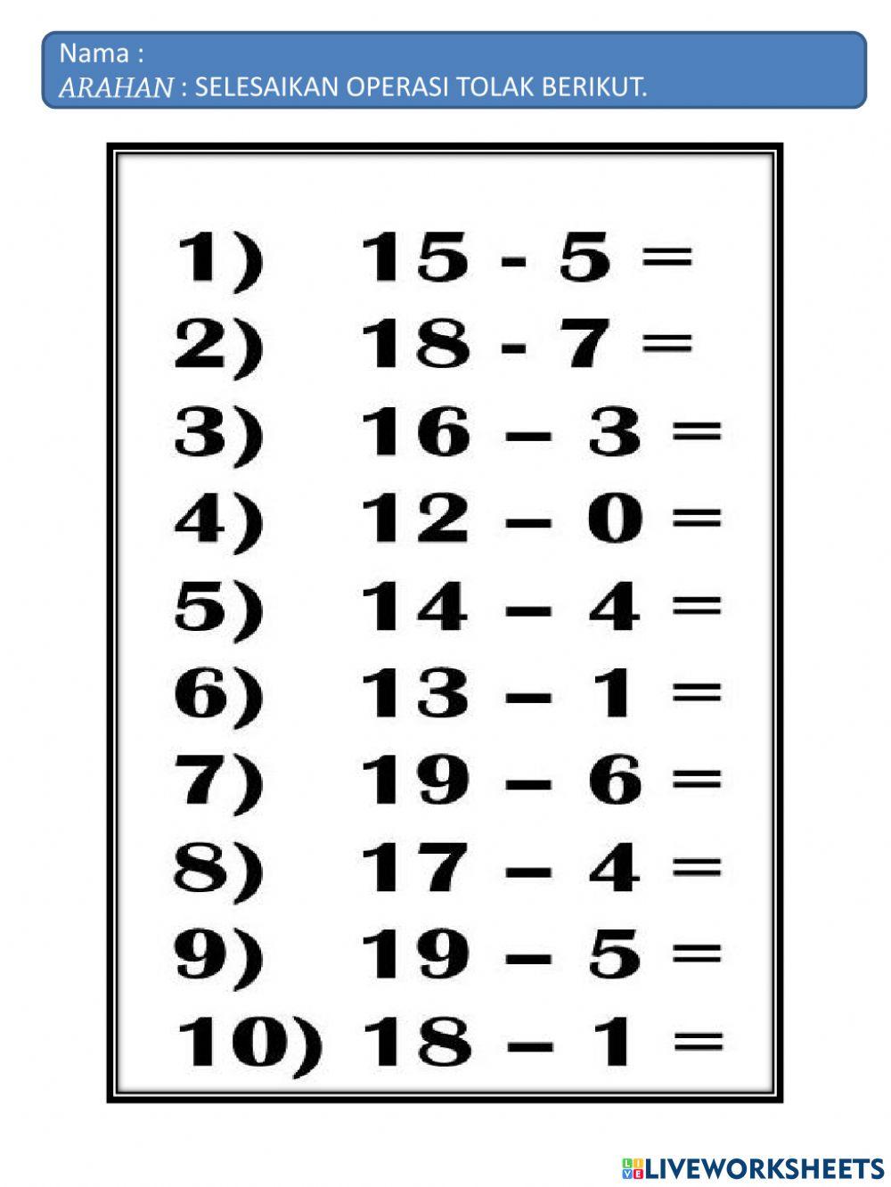 Operasi tolak online exercise for 2 | Live Worksheets