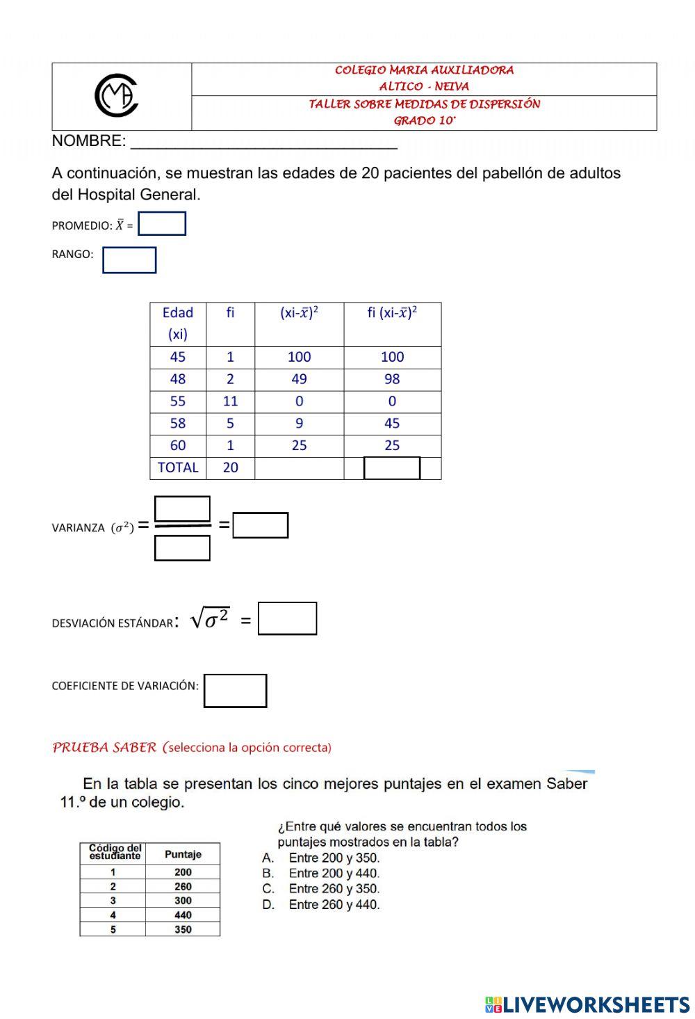 TALLER MEDIDAS DE DISPERSIÓN online exercise for | Live Worksheets