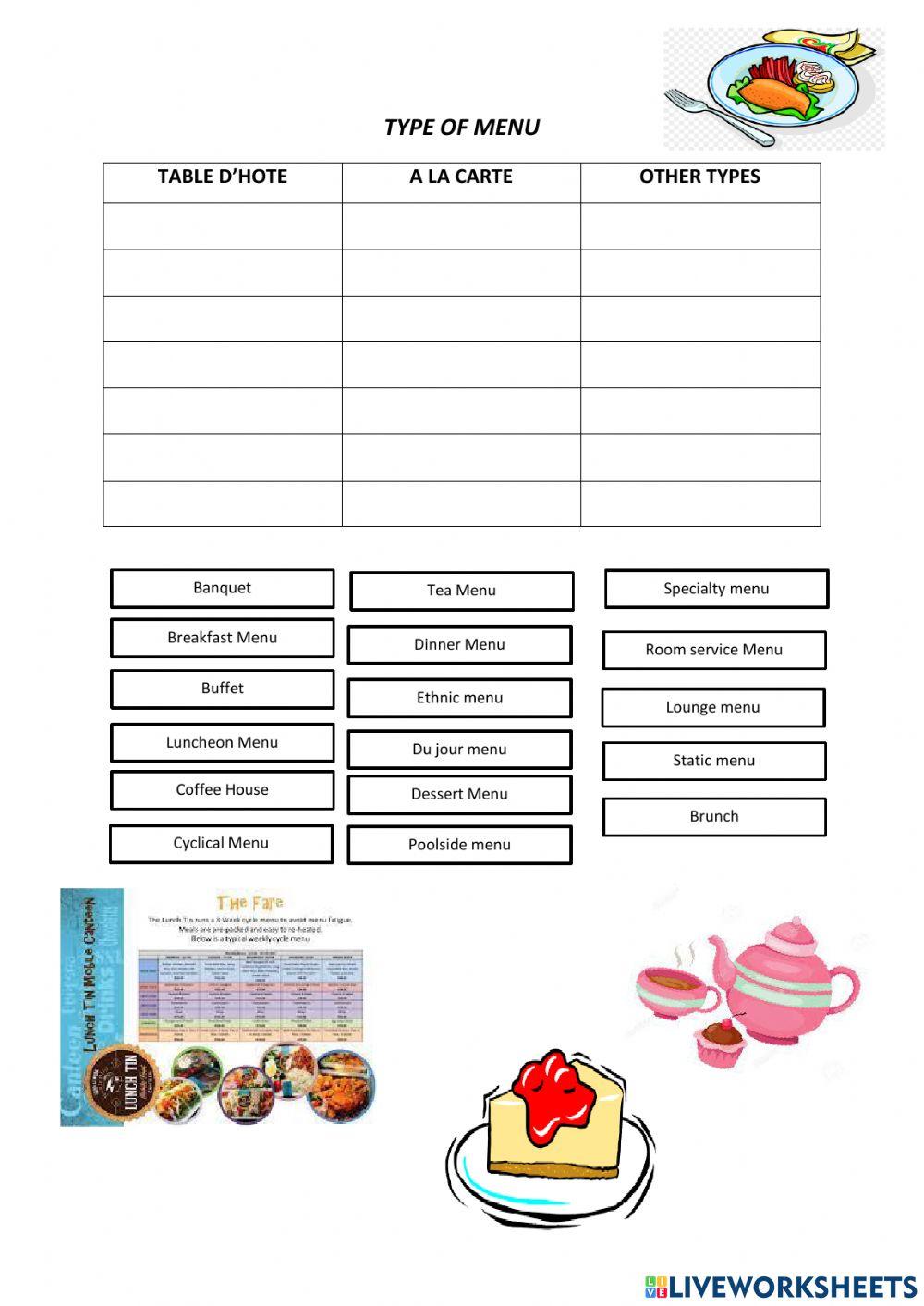 Jenis-jenis Menu worksheet | Live Worksheets