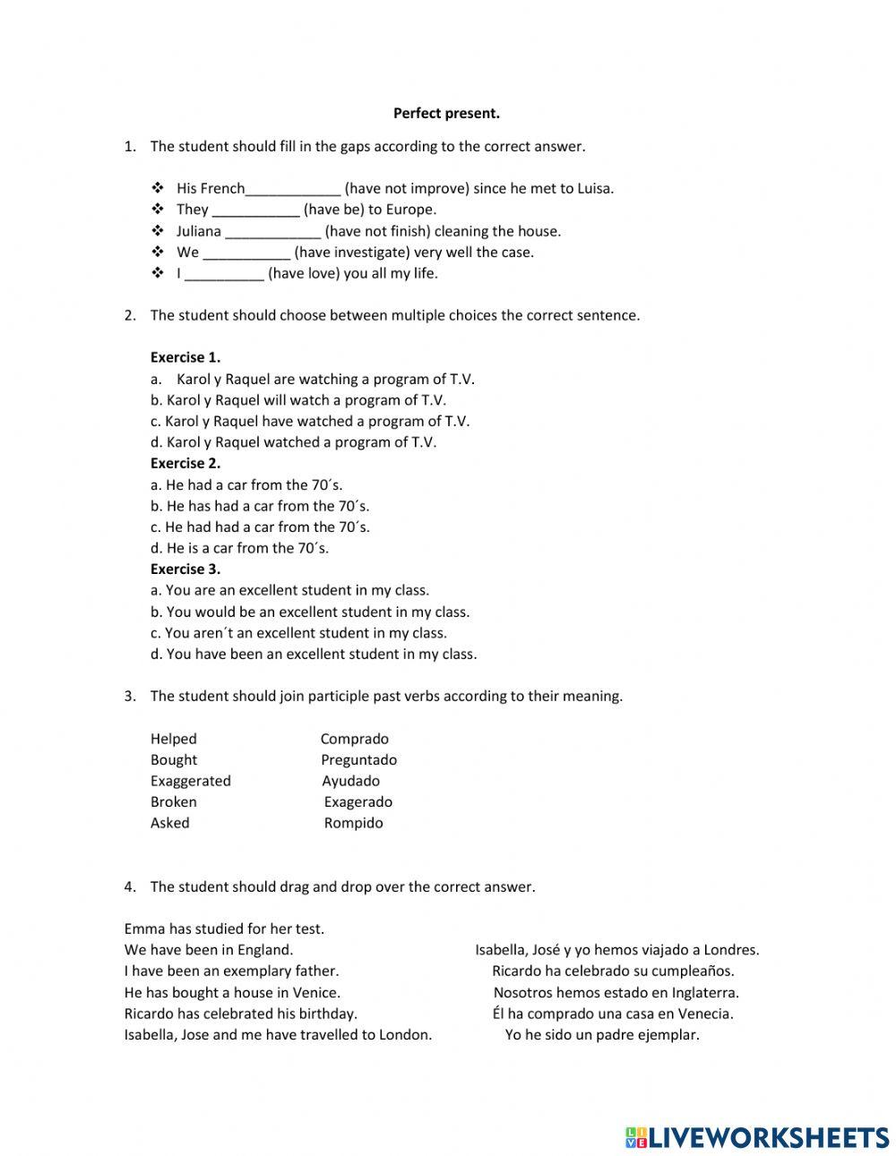 Activities (present perfect) worksheet | Live Worksheets