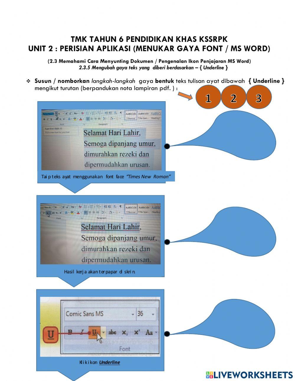 Pelbagai bentuk font ms word(UNDERLINE) worksheet | Live Worksheets
