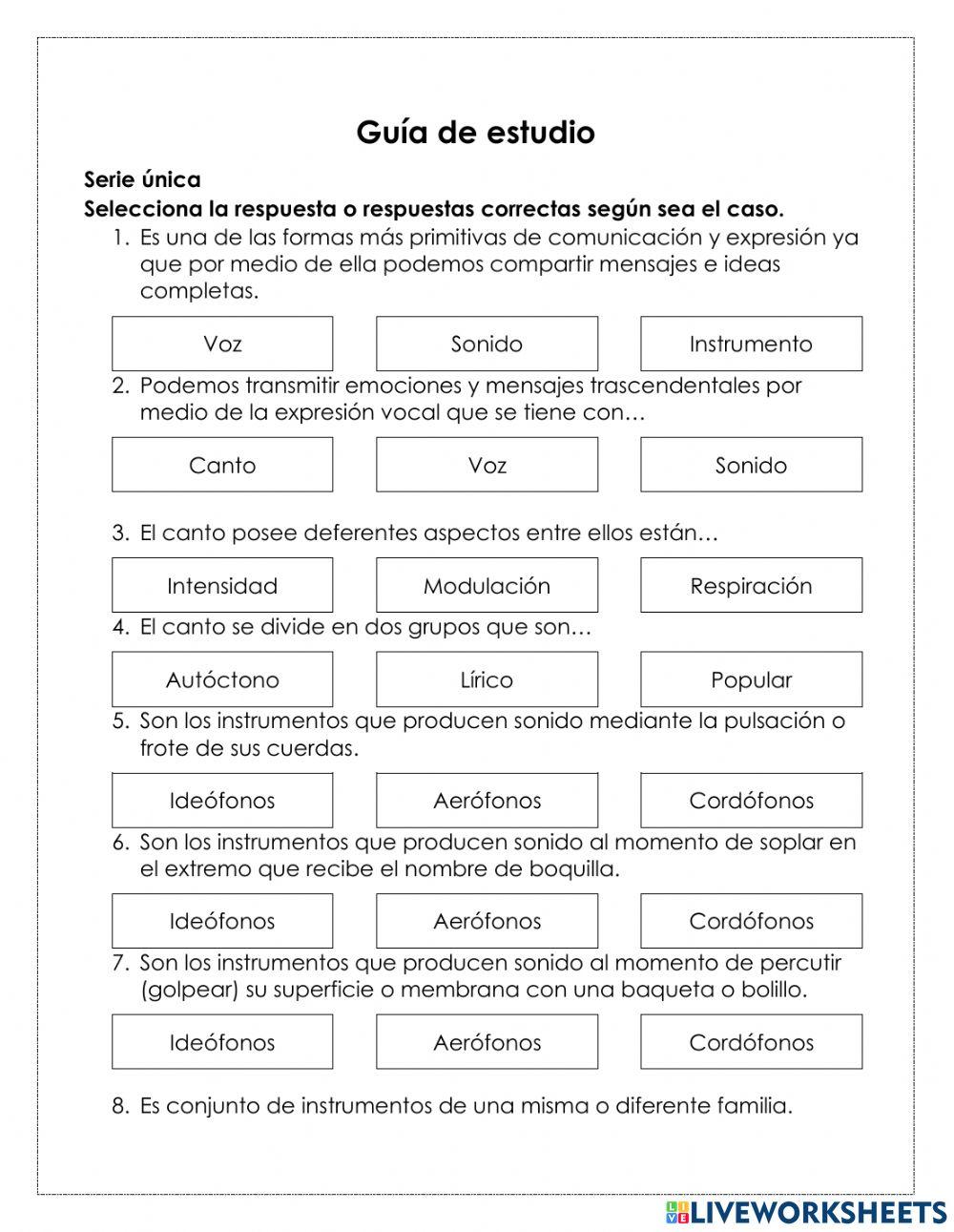 Guía de estudio 5P worksheet | Live Worksheets