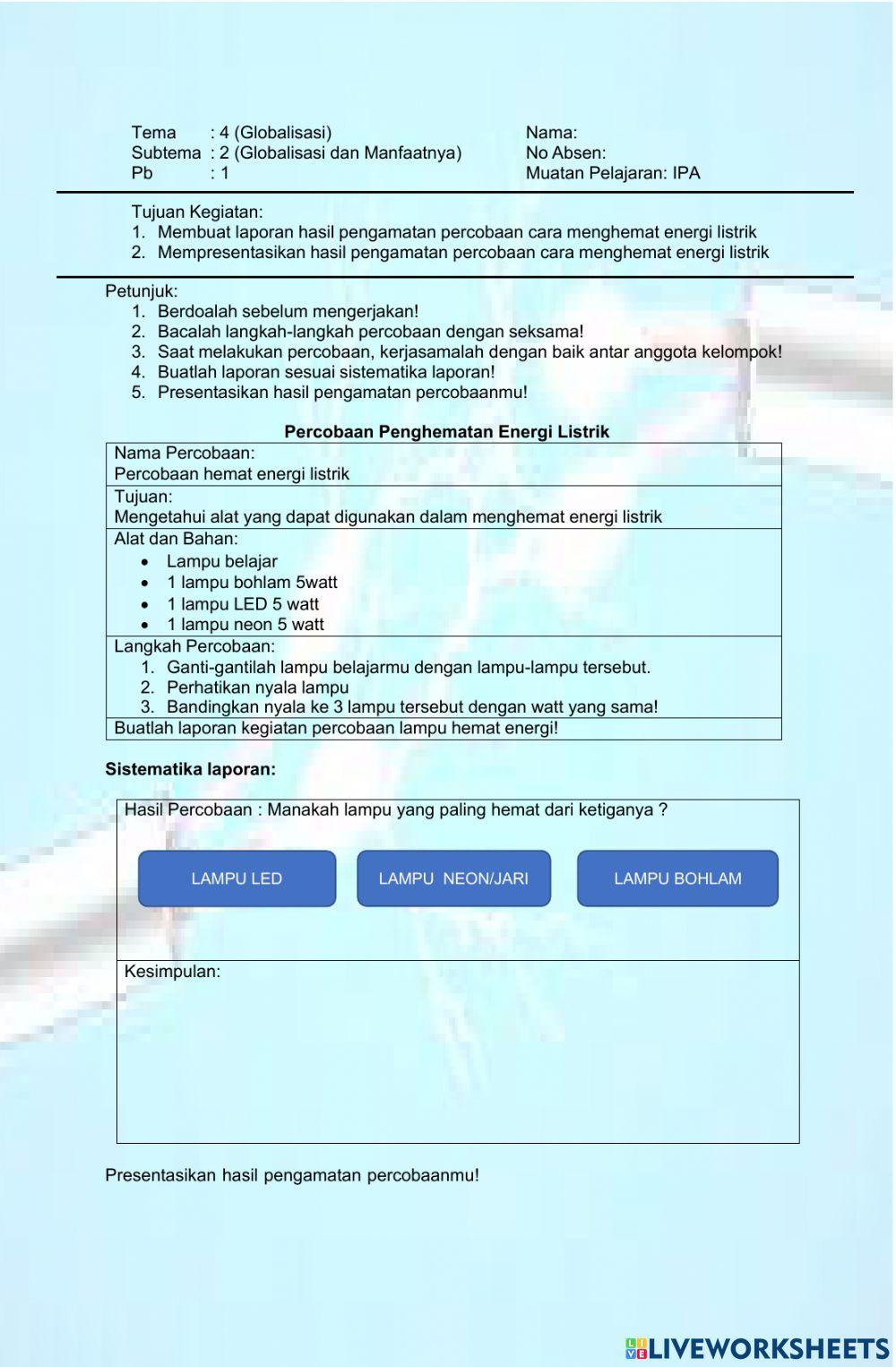 IPA Listrik worksheet | Live Worksheets