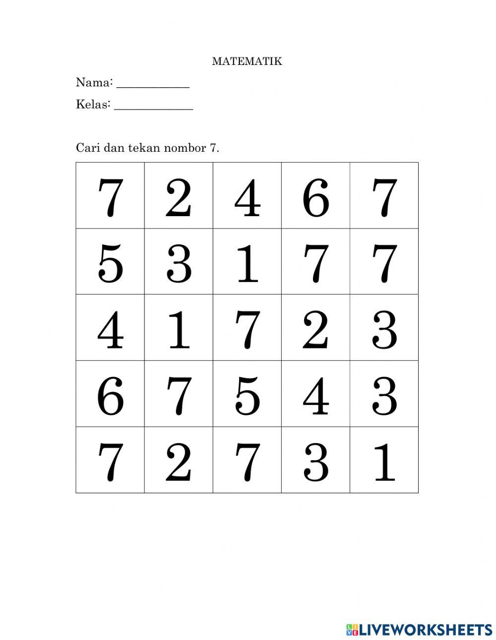 Kenali nombor 7 worksheet | Live Worksheets