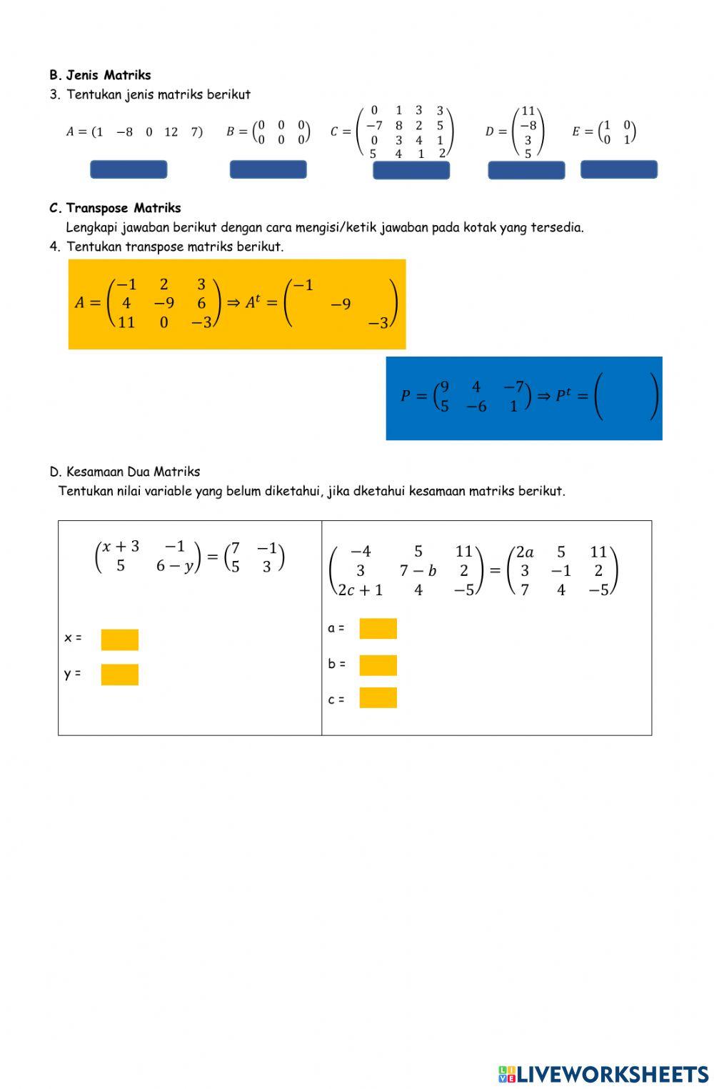Latihan Matriks Pert1 worksheet | Live Worksheets