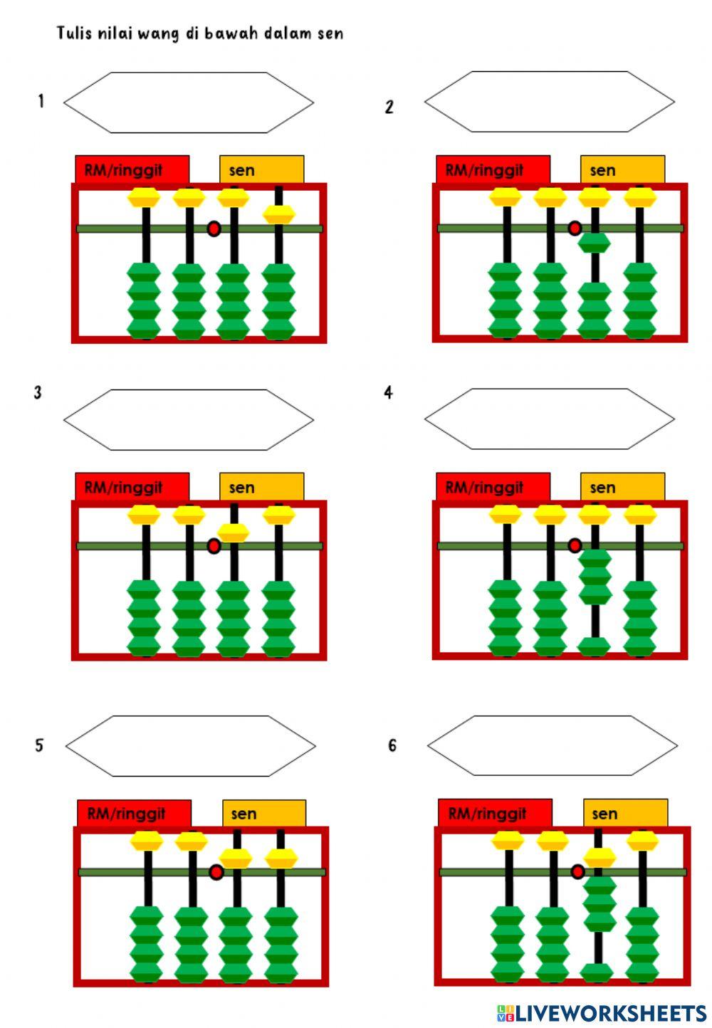 Tulis nilai wang di bawah dalam sen worksheet | Live Worksheets