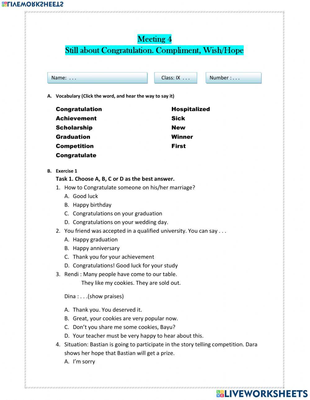 CONGRATULATION PRACTICE 1 online exercise for | Live Worksheets