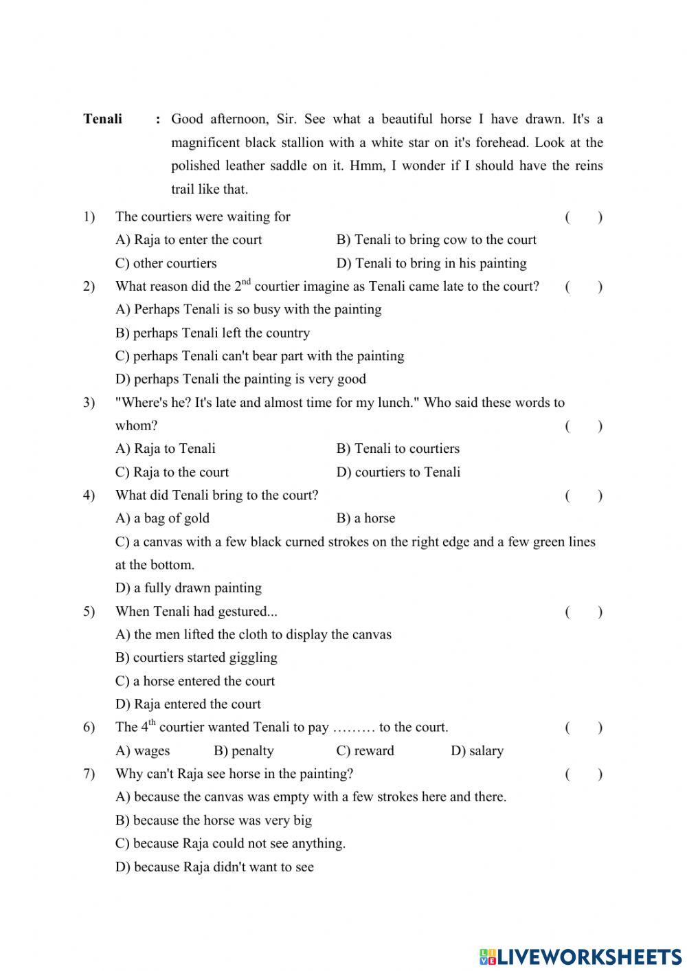 Tenali Paints A Horse WS4 worksheet | Live Worksheets