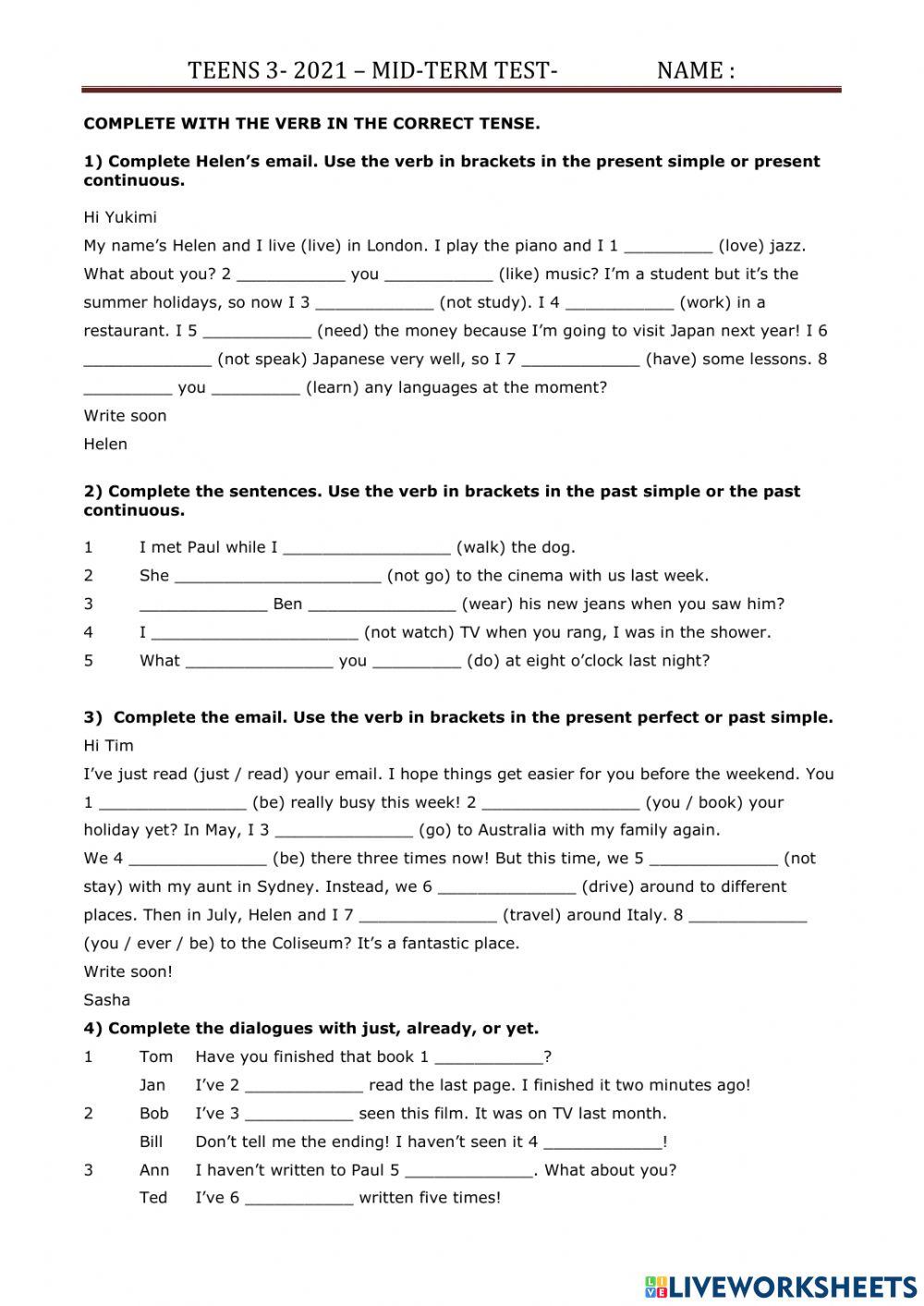 MID TERM TEENS 3 | Free Interactive Worksheets | 6676259