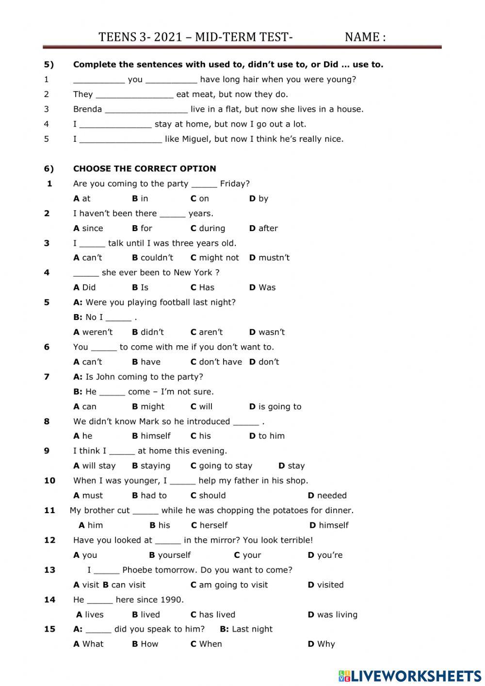 MID TERM TEENS 3 | Free Interactive Worksheets | 6676259