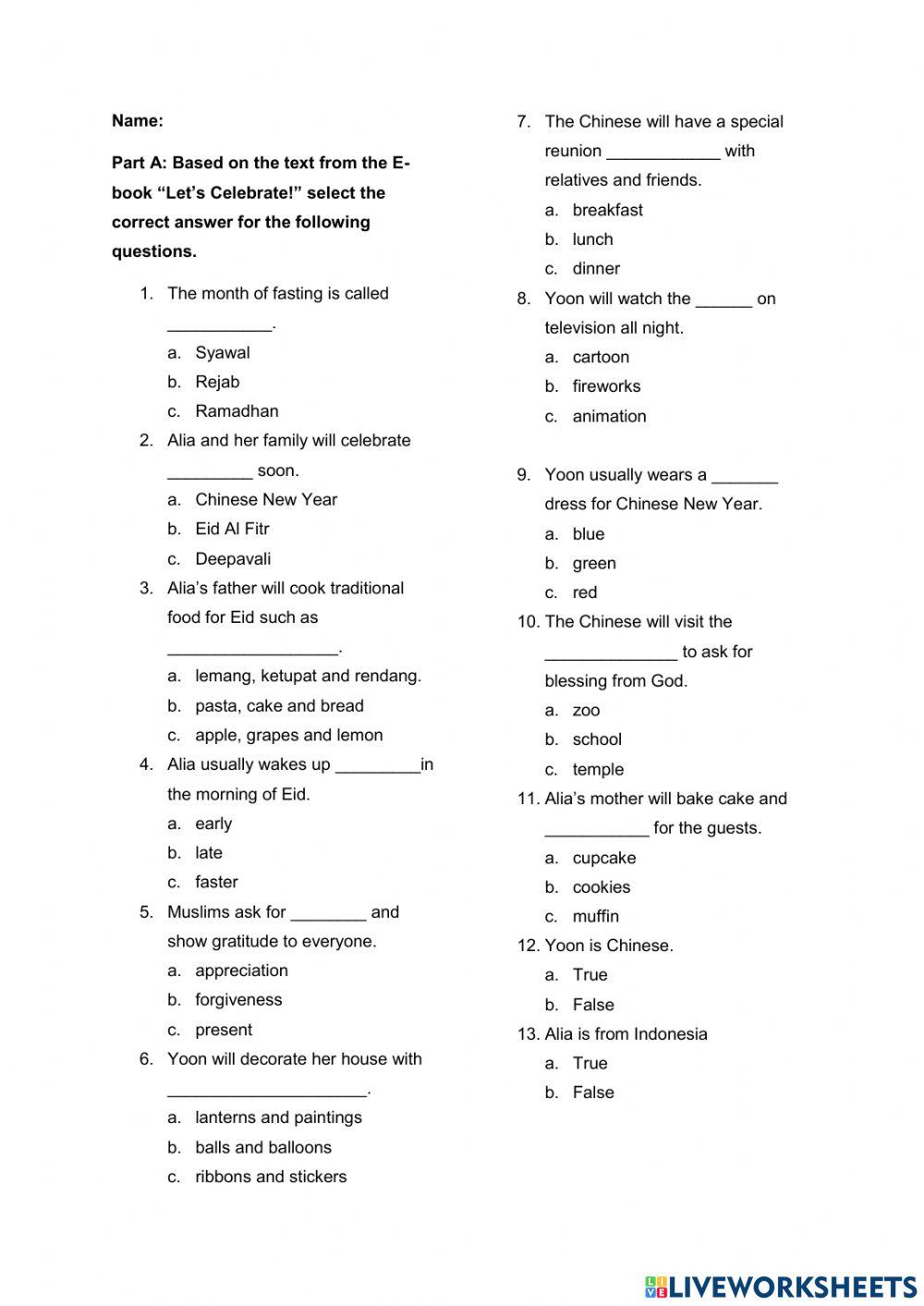 Worksheet for Reading and Writing (Year 4: Celebrations) online ...