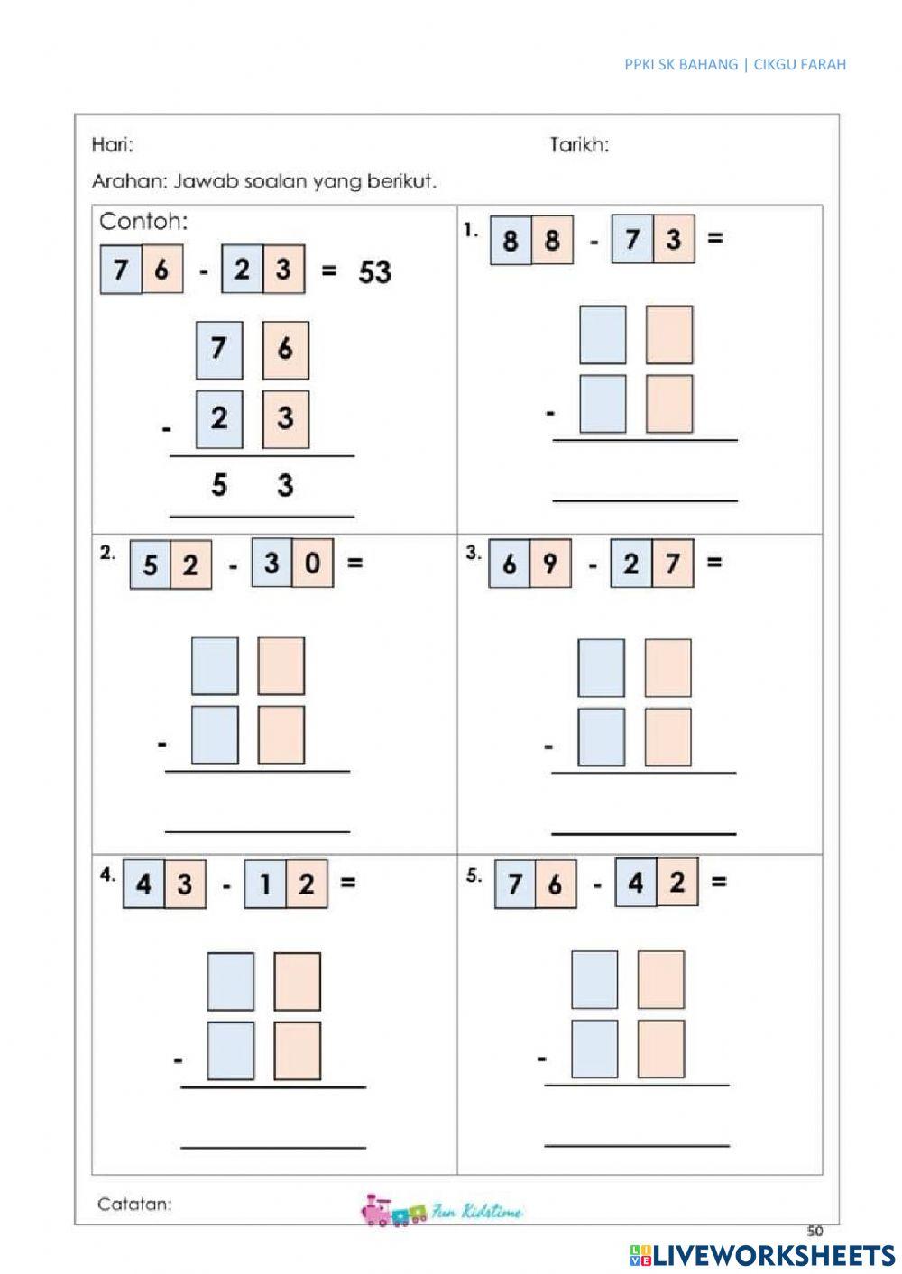 Operasi Tolak interactive exercise for PPKI TAHUN 3 | Live Worksheets
