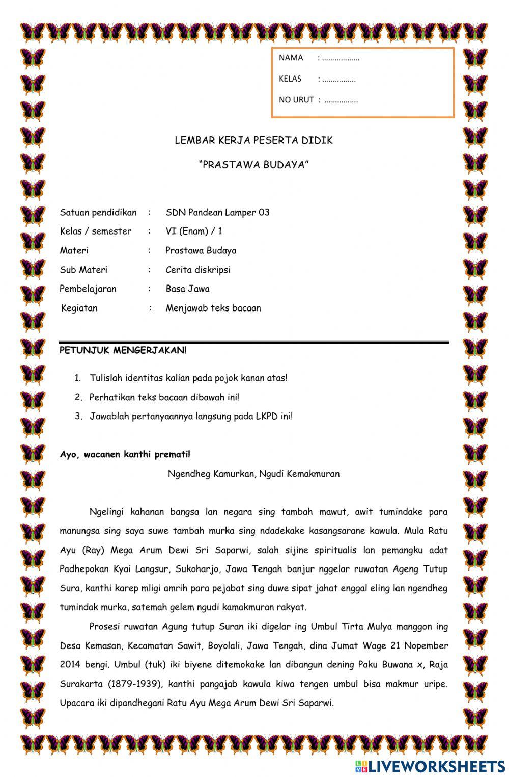 Basa Jawa worksheet for 6 | Live Worksheets
